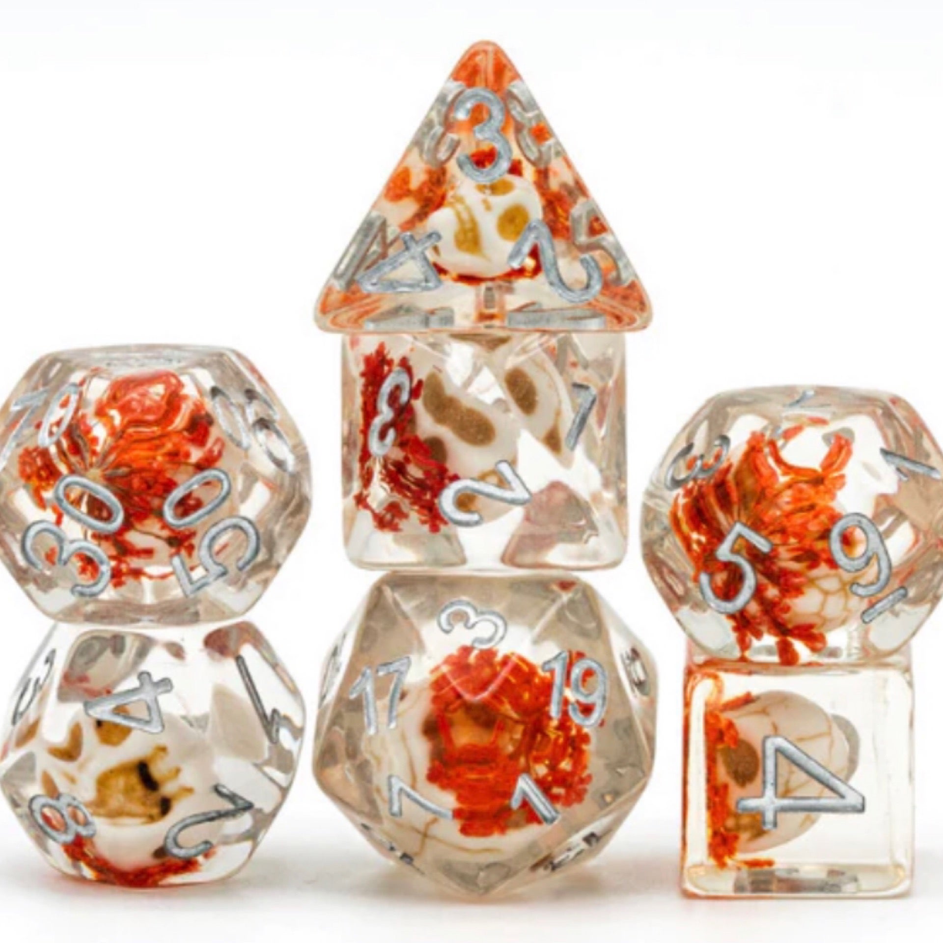 Orange Flower w/ White Skull Foam Brain RPG Dice Set | Shop at Gather ...